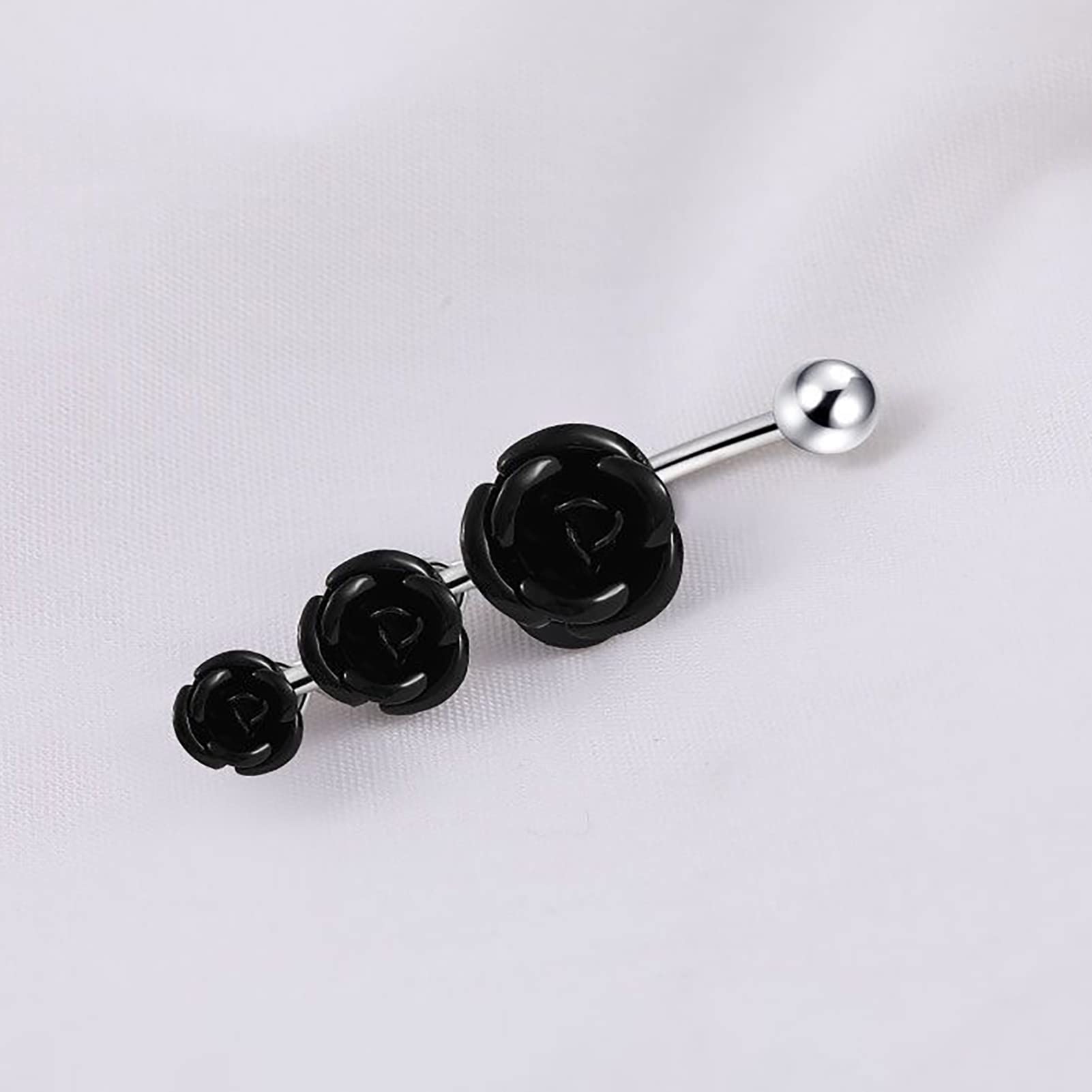 Lenacou Double Rose Belly Button Rings 14G Surgical Stainless Steel Dangle Cute Navel Barbell Stud Cubic Zirconia Body Piercing (Black)