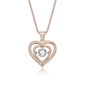 wskfly heart necklaces for women, 14k rose gold plated 5a cubic zirconia pendant gift for wife girls her 18+2 inch