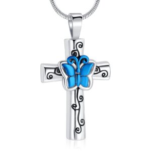 urn necklace for ashes rose flower cross cremation jewelry pendant for human/pet funeral keepsake memorial necklace (silve-blue)