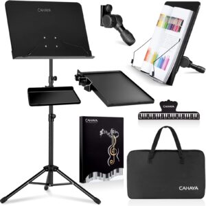 cahaya dual use sheet music stand with clamp-on tray & desktop book stand with carrying bag, sheet music folder, music stand with shelf, and clip for guitar, ukulele, violin players cy0194+cy0320