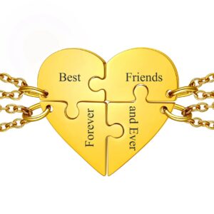 puzzle piece necklace 4 pcs, gold bff necklace for 4 matching heart pendant neck charms for couple, women men friendship love jewelry set gift for him her