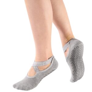 Teebulen Women's and Girl's 2 Pairs Grey with Silver Glitter Padded Anti Skid Non Slip Yoga Socks with Grips for Barre Pilate Ballet,Size 4-8