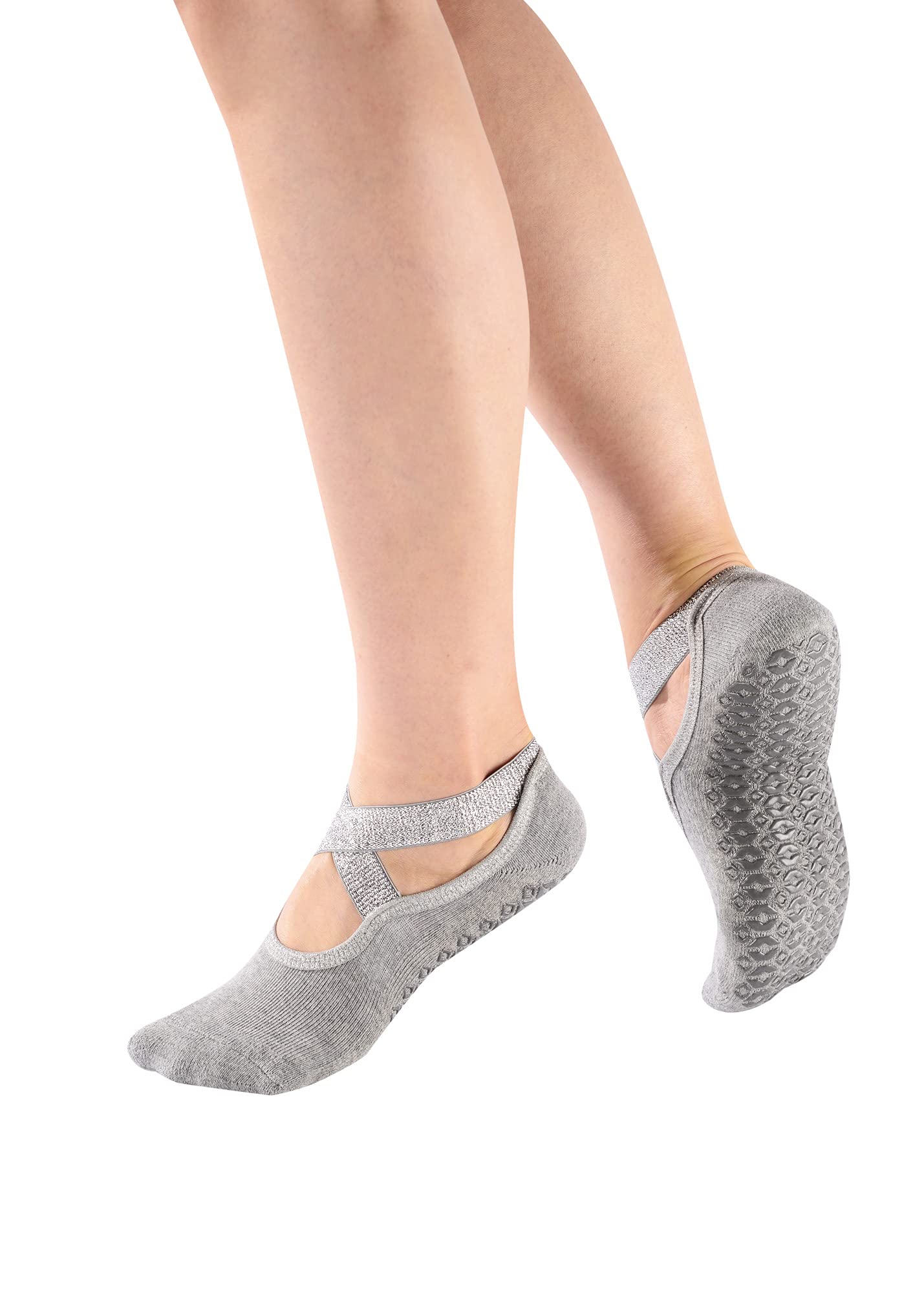 Teebulen Women's and Girl's 2 Pairs Grey with Silver Glitter Padded Anti Skid Non Slip Yoga Socks with Grips for Barre Pilate Ballet,Size 4-8