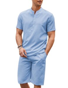 coofandy men's 2 pieces linen set casual henley shirts short sleeve beach yoga shorts summer pants outfits