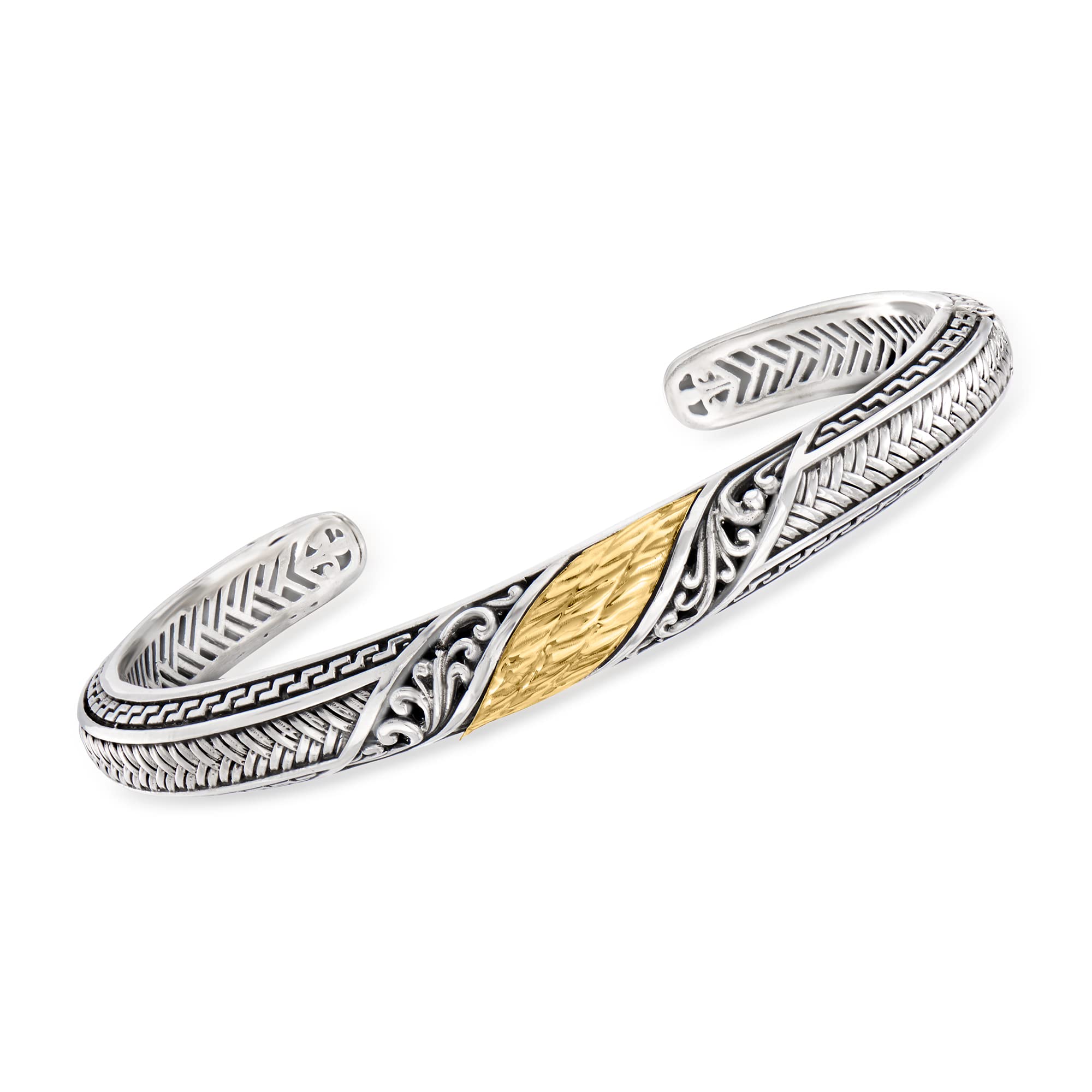 Ross-Simons Sterling Silver and 18kt Yellow Gold Bali-Style Cuff Bracelet. 7 inches