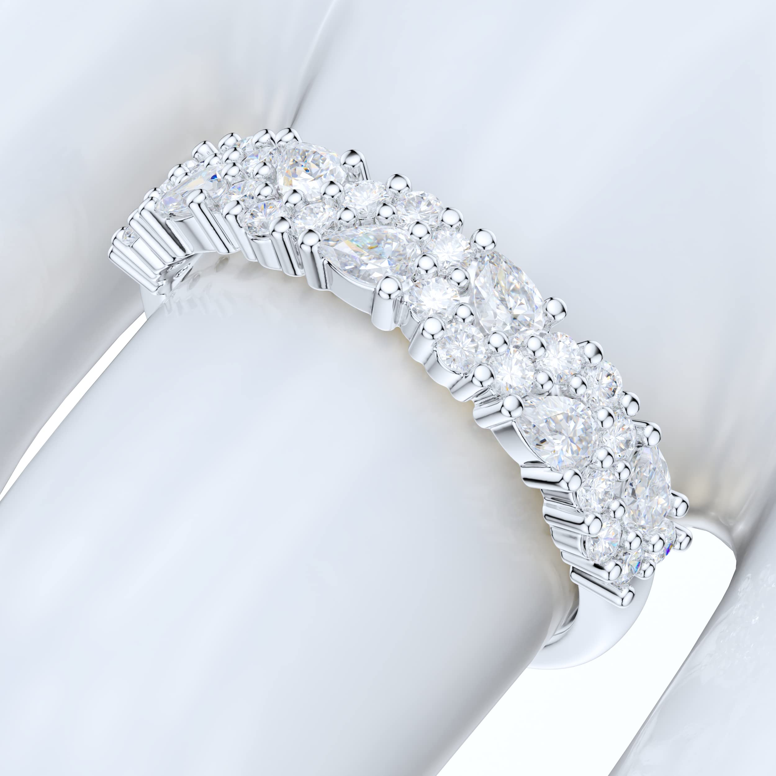 PRSTANI 4.3mm Wide Sterling Silver Cluster Simulated Marquise and Round Diamond Half Eternity Ring (7.5)