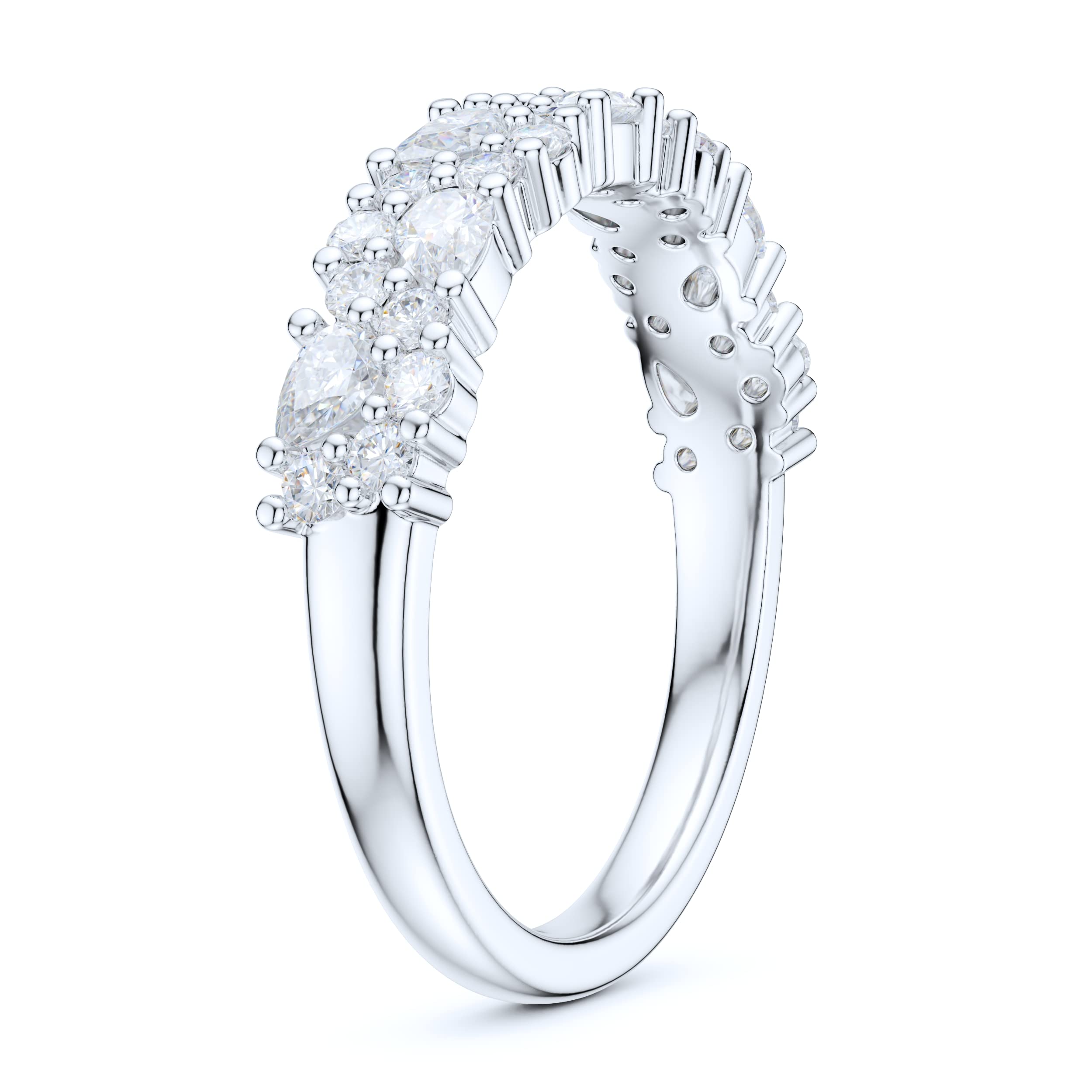 PRSTANI 4.3mm Wide Sterling Silver Cluster Simulated Marquise and Round Diamond Half Eternity Ring (7.5)