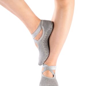 Teebulen Women's and Girl's 2 Pairs Grey with Silver Glitter Padded Anti Skid Non Slip Yoga Socks with Grips for Barre Pilate Ballet,Size 4-8