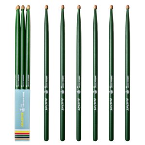 5a drumsticks,hickory wood drumsticks with acorn tips, for acoustic or electronic drum,bluefire drumstick, weight matched, 6 sticks/3 pairs. dark green color.