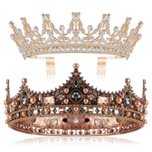 juexica 2 pieces crowns king and queen wedding crown and tiaras for women men halloween princess vintage headband birthday crown bridal(retro gold, gold)