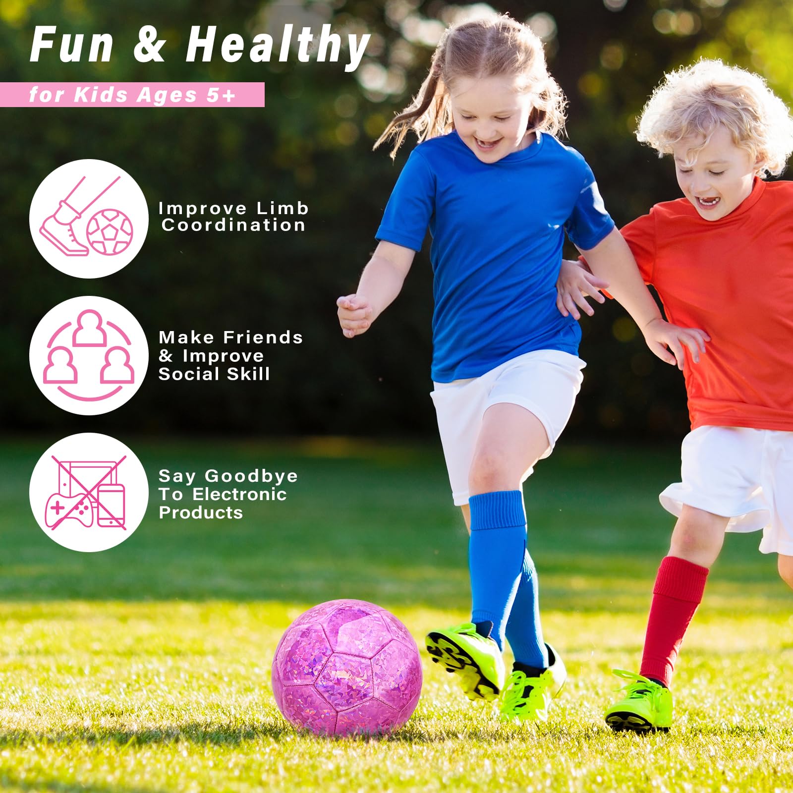 Size 4 Soccer Ball Glitter Pink - Kids Aged 4-6 6-8 8-12 Outdoors Sports Training Ball Recreation Playing Ball Teens Girls Children Youth Back to School Birthday