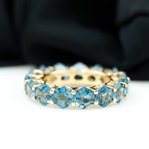 Rosec Jewels Natural London Blue Topaz Eternity Band for Women, AAA Quality, Certified Topaz Anniversary Ring - Ready to Gift, 14K Yellow Gold, Size:US 8.50