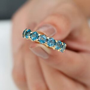 Rosec Jewels Natural London Blue Topaz Eternity Band for Women, AAA Quality, Certified Topaz Anniversary Ring - Ready to Gift, 14K Yellow Gold, Size:US 8.50