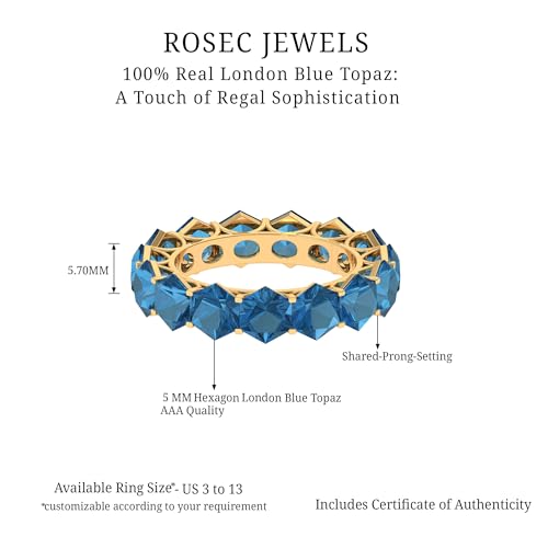 Rosec Jewels Natural London Blue Topaz Eternity Band for Women, AAA Quality, Certified Topaz Anniversary Ring - Ready to Gift, 14K Yellow Gold, Size:US 8.50