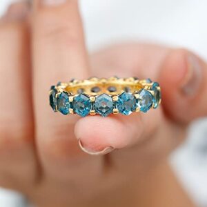 Rosec Jewels Natural London Blue Topaz Eternity Band for Women, AAA Quality, Certified Topaz Anniversary Ring - Ready to Gift, 14K Yellow Gold, Size:US 8.50