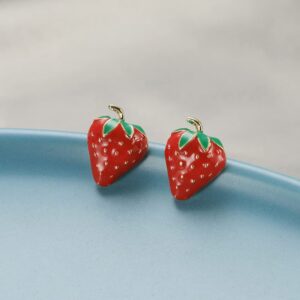 Cute Strawberry Fruits Small Stud Earrings 925 Sterling Silver Post for Women Girls Teen Cubic Zirconia Funny Red Enamel Lifelike Lucky Mini Cartilage Tragus Hypoallergenic Jewelry Birthday Easter