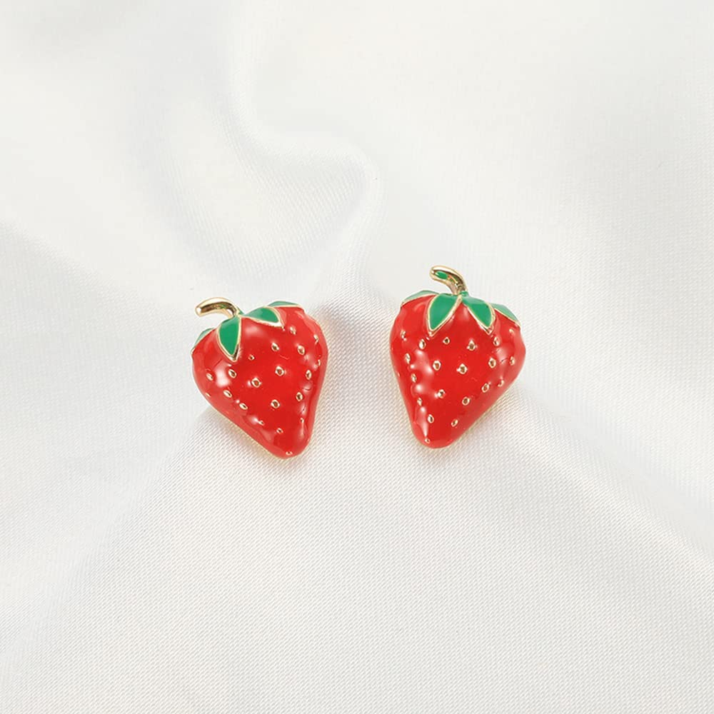 Cute Strawberry Fruits Small Stud Earrings 925 Sterling Silver Post for Women Girls Teen Cubic Zirconia Funny Red Enamel Lifelike Lucky Mini Cartilage Tragus Hypoallergenic Jewelry Birthday Easter