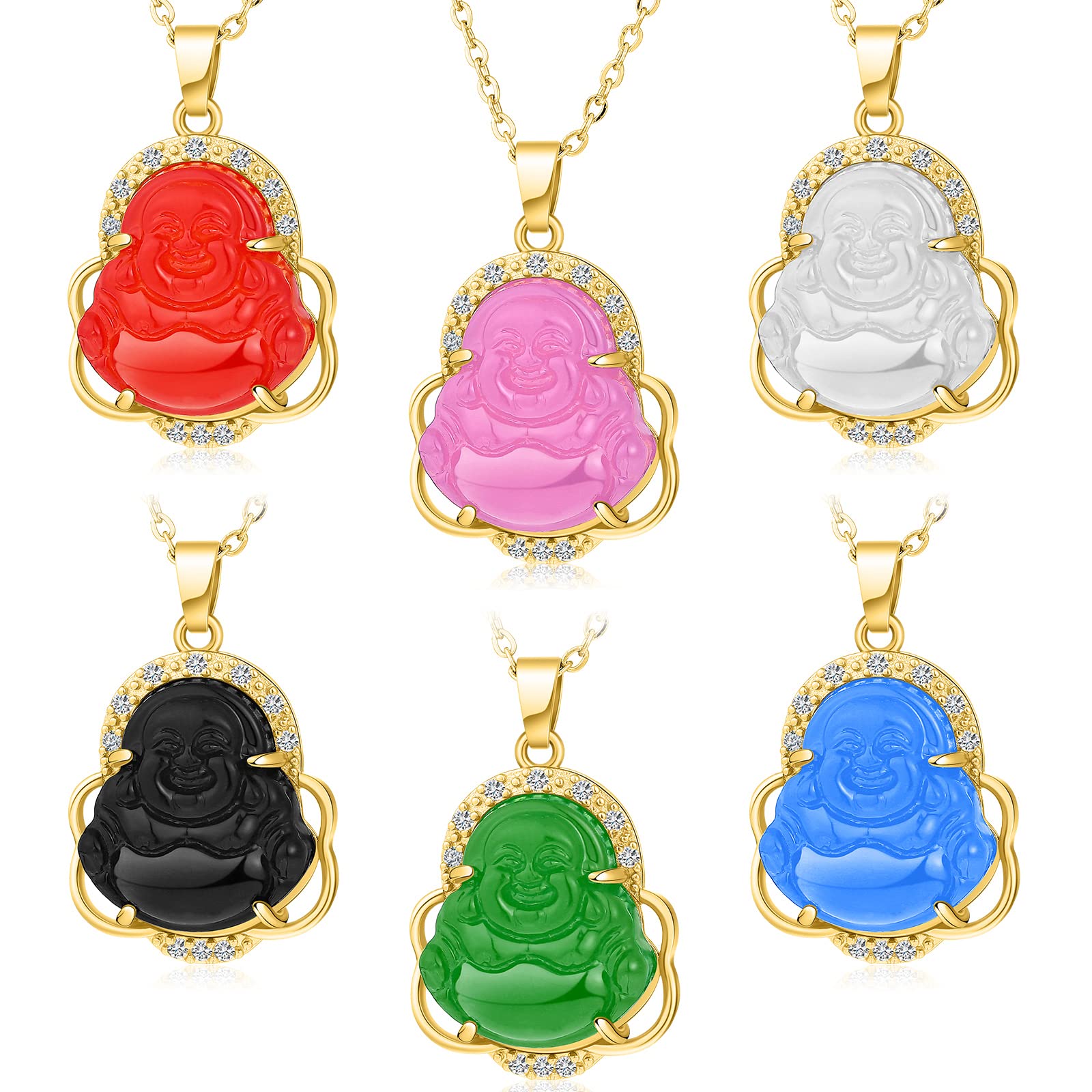 6 Pieces Laughing Buddha Necklace Crystal Cubic Zirconia Buddha Pendant Bling Gold Plated Jewelry Good Luck Chain for Women Men (Red, Black)