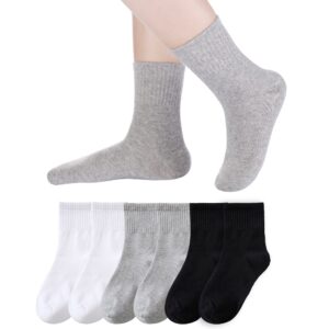 eyean kids athletic crew socks boys girls cotton school uniform casual basic socks 6 pairs (6-8 years, black+white+grey)