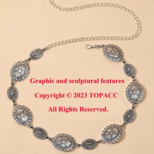 TOPACC Western Metal Oval Concho Chain Belt for Women Silver Cowgirl Belt for Dresses Jeans Country Concert Outfit