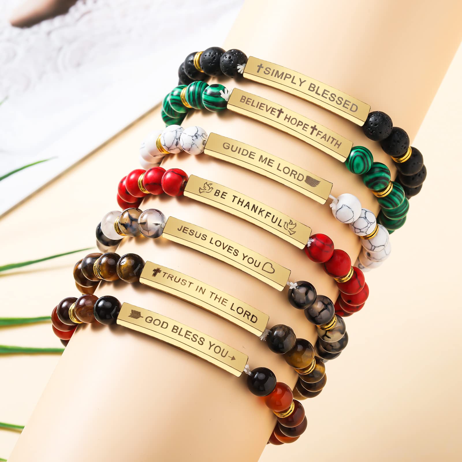 Sureio 8 pcs Christian Bracelets Bible Verse Jewelry Religious Gift for Women Men Prayer Beaded Bracelet Inspirational Cuff Natural Tiger Eye Lava Stone Stretch Strand Bangle