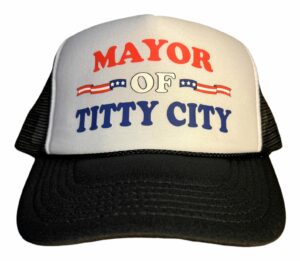 mayor of titty city snapback trucker hat for men or women, vintage fit with funny novelty graphic, black/white