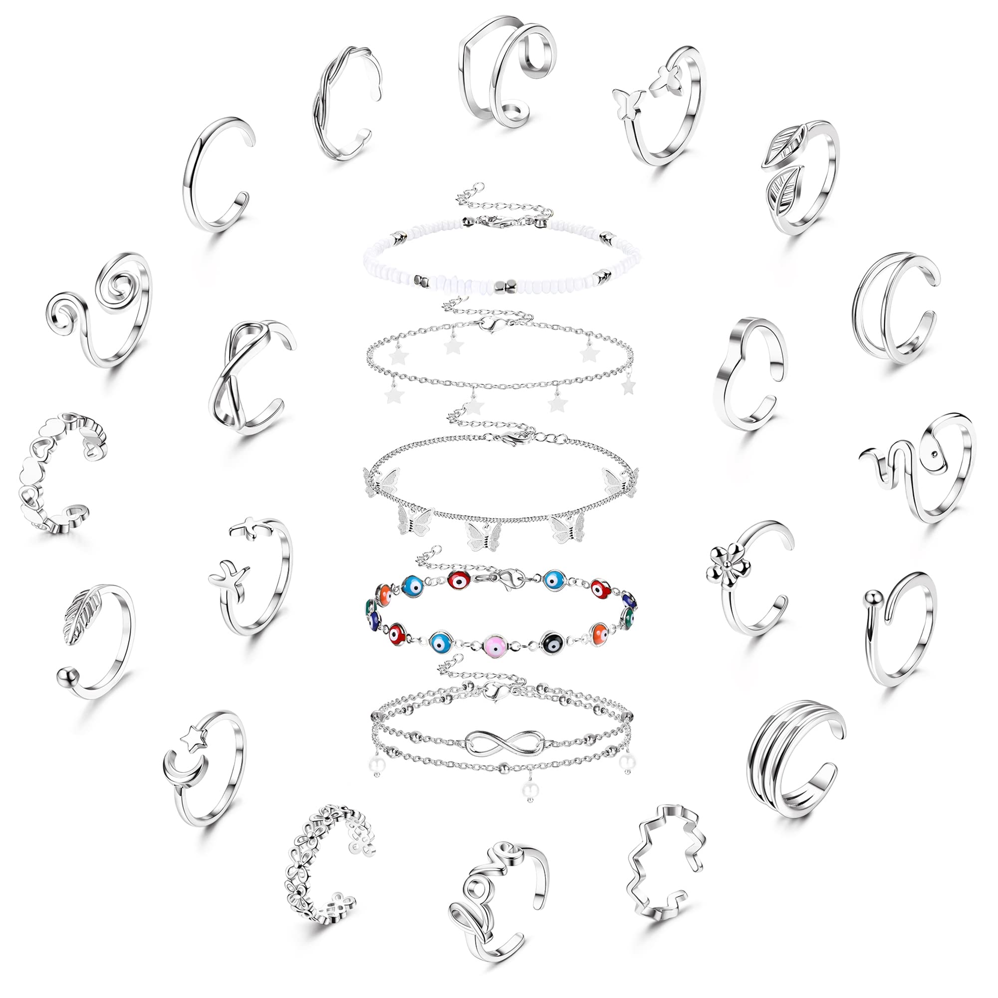 JOERICA 25 Pcs Toe Rings and Ankle Bracelets for Women Evil Eye Butterfly Anklets Open Adjustable Snake Flower Heart Toe Rings for Summer Beach Foot Jewelry