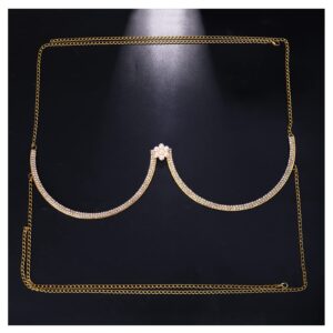 Women Rhinestone Chest Bracket Flower Pendant Bikini Crystal Chest Bracket Chain Rhinestone Underwear Body Chain Jewelry (Gold)