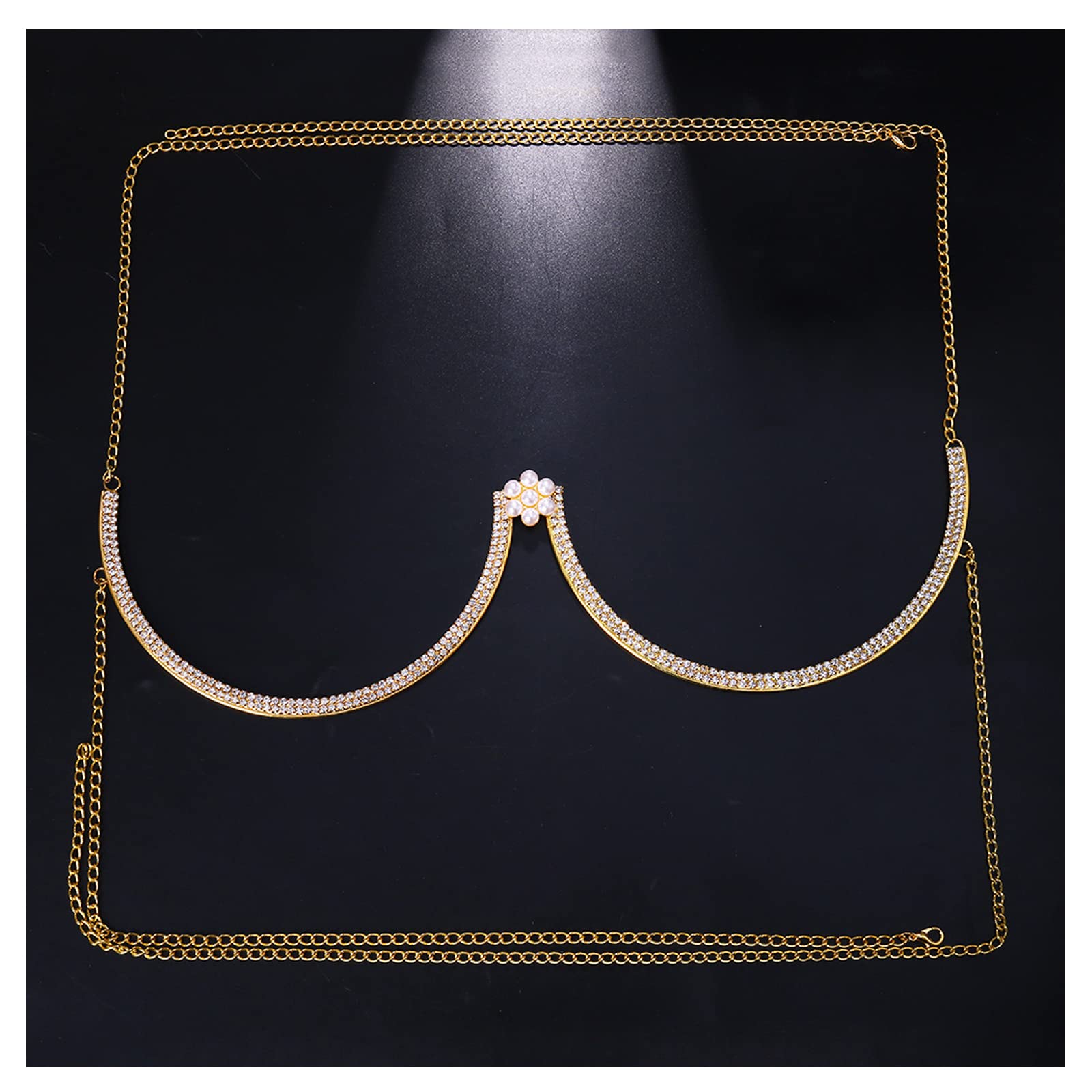 Women Rhinestone Chest Bracket Flower Pendant Bikini Crystal Chest Bracket Chain Rhinestone Underwear Body Chain Jewelry (Gold)