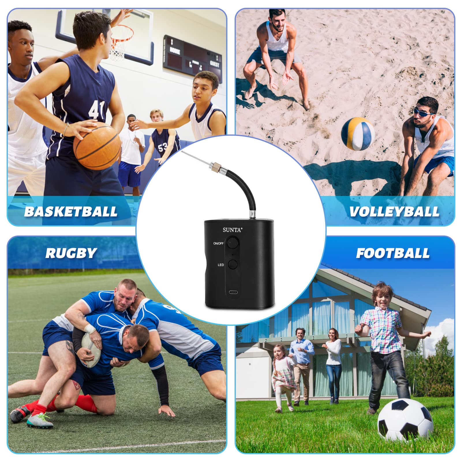 SUNTA Electric Ball Pump Inflator, Rechargeable Air Pump with Needles for Sport Balls, Basketball Soccer Volleyball Football Rugby