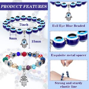 12 Pcs Evil Eye Beaded Charm Bracelets Blue Eye Bead Hamsa Stretch Bracelet Turkish Lucky Hand of Fatima Protection Bracelet for Women Men Blessing