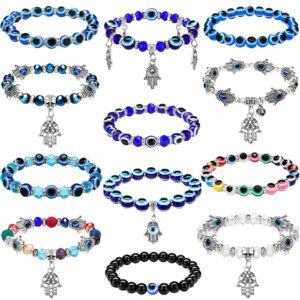 12 pcs evil eye beaded charm bracelets blue eye bead hamsa stretch bracelet turkish lucky hand of fatima protection bracelet for women men blessing