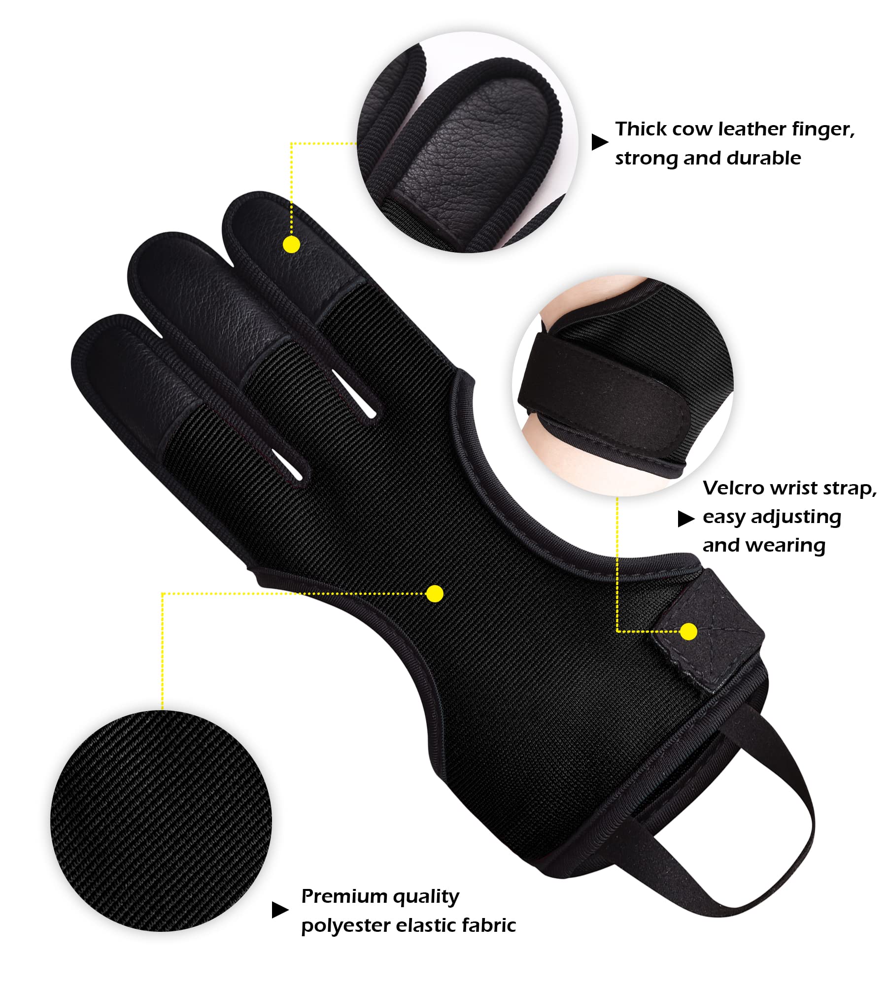 ChinFun Archery Gloves Leather Practice Shooting Hunting Three Finger Archery Protective Gear Accessories for Youth Adult Beginner Black S