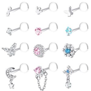 joerica 12pcs 20g dangle nose rings nose studs corkscrew dangle nose rings for women men stainless steel nose piercing jewelry cz heart moon butterfly nose rings studs silver tone