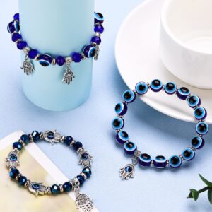 12 Pcs Evil Eye Beaded Charm Bracelets Blue Eye Bead Hamsa Stretch Bracelet Turkish Lucky Hand of Fatima Protection Bracelet for Women Men Blessing