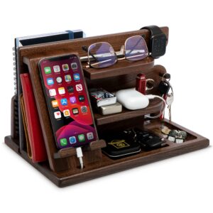 wood phone docking station ash key holder wallet stand watch organizer men husband wife anniversary dad birthday nightstand purse father graduation male travel idea gadgets brown