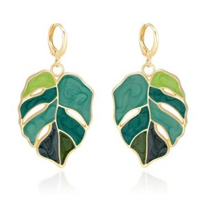 gift earrings bohemian green leaf earrings for women, enamel jewelry for women, monstera leaves plant pendant drop dangle earrings for women mens with box gift package, hoop