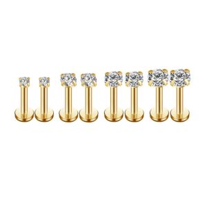 16g cz labret cartilage tragus monroe lip nose helix diamond studs earrings for women men stainless steel cubic zirconia piercing jewelry 2mm 3mm 4mm 5mm 4 pairs set (gold)