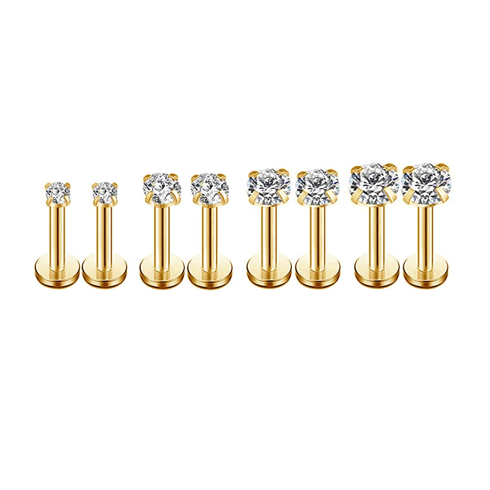 16g CZ Labret Cartilage Tragus Monroe Lip Nose Helix Diamond Studs Earrings for Women Men Stainless Steel Cubic Zirconia Piercing Jewelry 2mm 3mm 4mm 5mm 4 Pairs Set (gold)