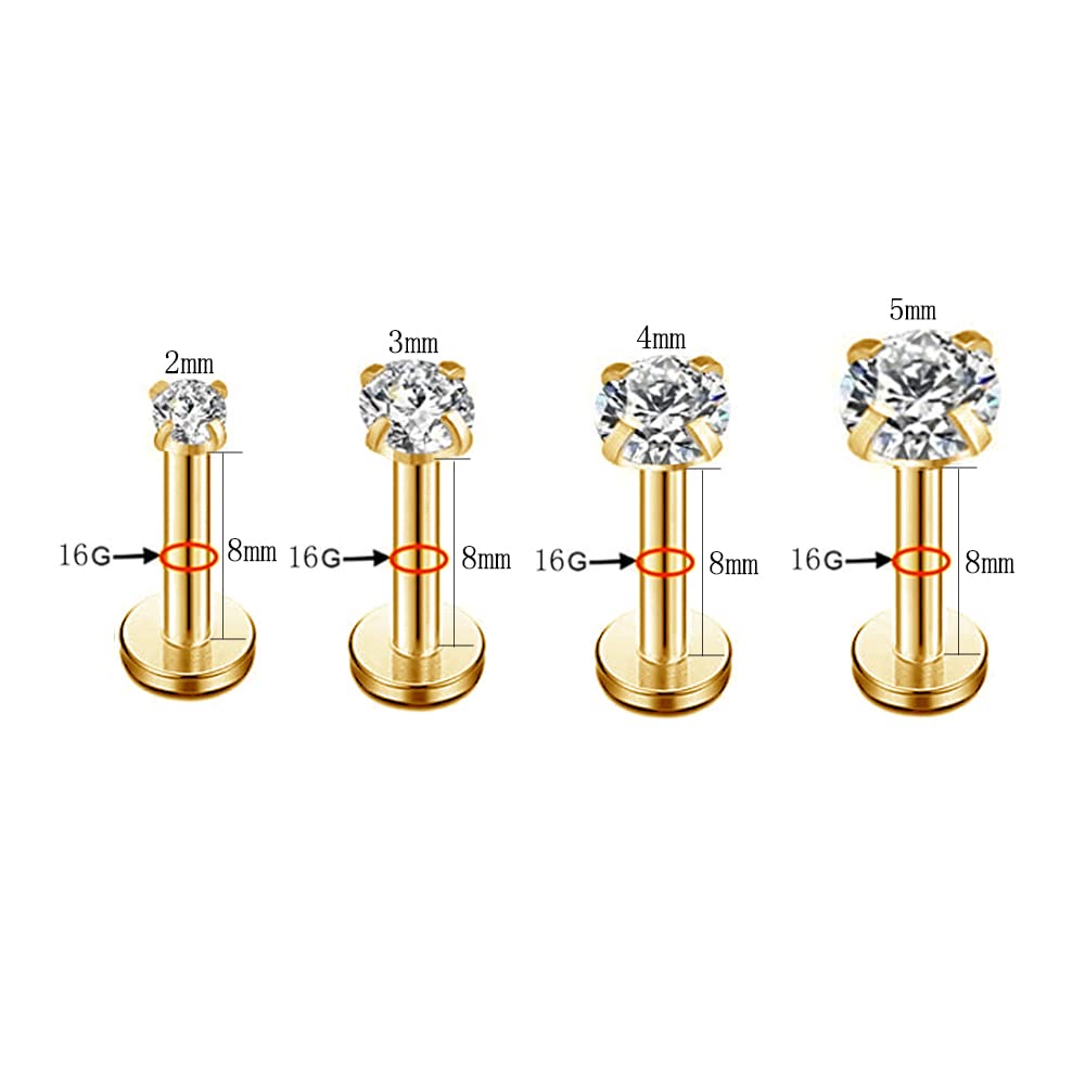 16g CZ Labret Cartilage Tragus Monroe Lip Nose Helix Diamond Studs Earrings for Women Men Stainless Steel Cubic Zirconia Piercing Jewelry 2mm 3mm 4mm 5mm 4 Pairs Set (gold)