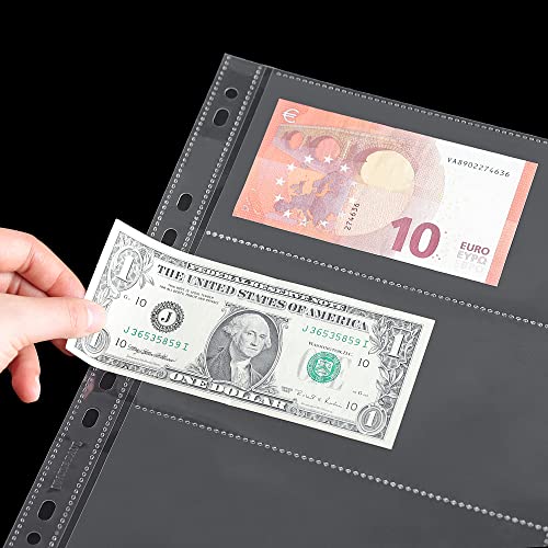 100 Sheets Currency Pages for Paper Money Collection - 3 Pockets Currency Sleeves/Currency Holder Collecting Album Pages for Paper Money Bill Banknote Coupon IN02100