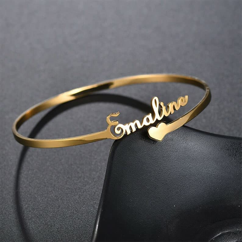 Jecivila Personalized Name Bracelets, 18K Gold Custom Engraved Name Cuff Bangle Bracelets for Women, Mom, Daughter, Personalized Jewelry Gifts for Her