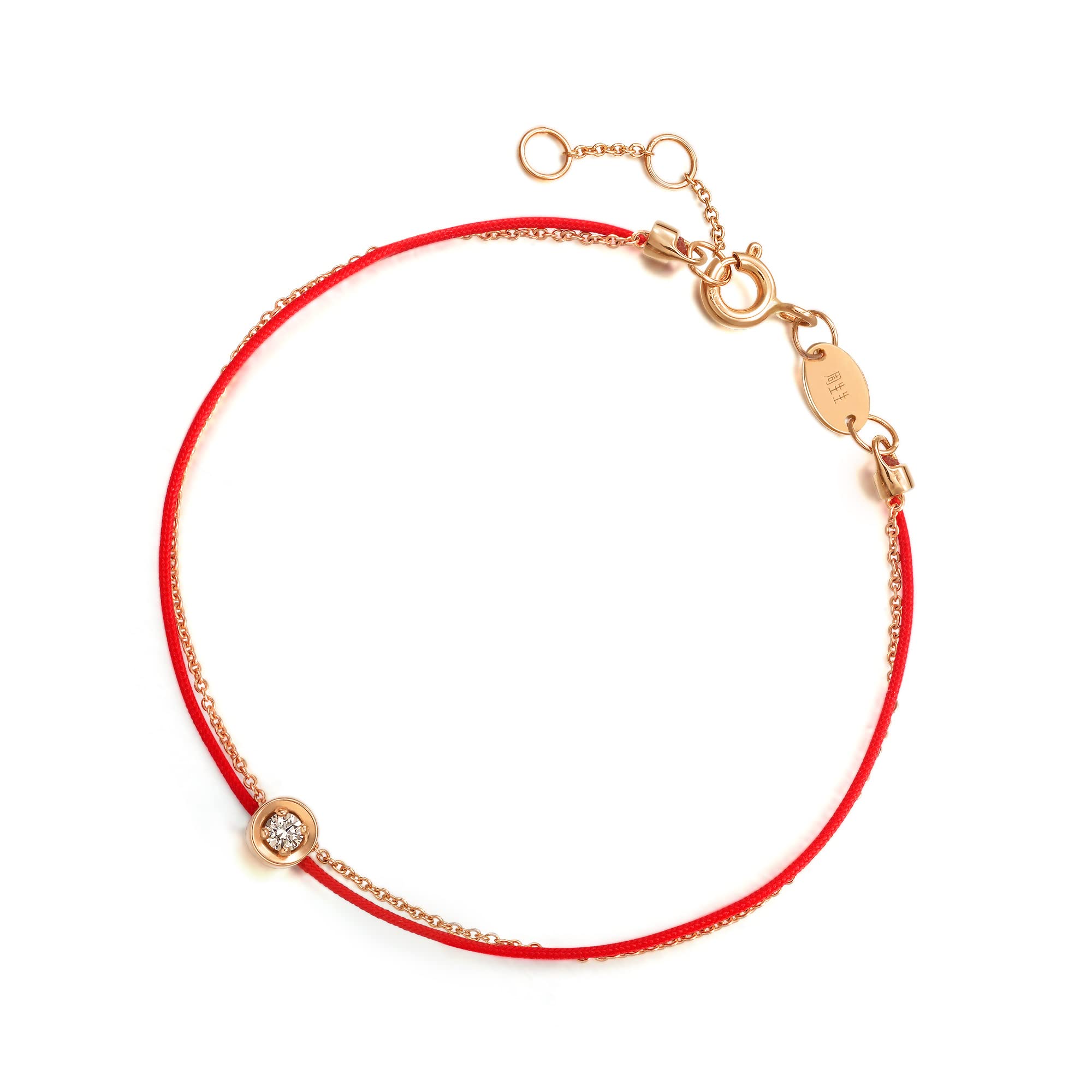 CHOW SANG SANG Promessa 18K Rose Gold (GH color, SI Clarity, Round Brilliant) Diamond Love Knot with Red thread Bracelet for Women 88380B | 7.4", (19 CM)