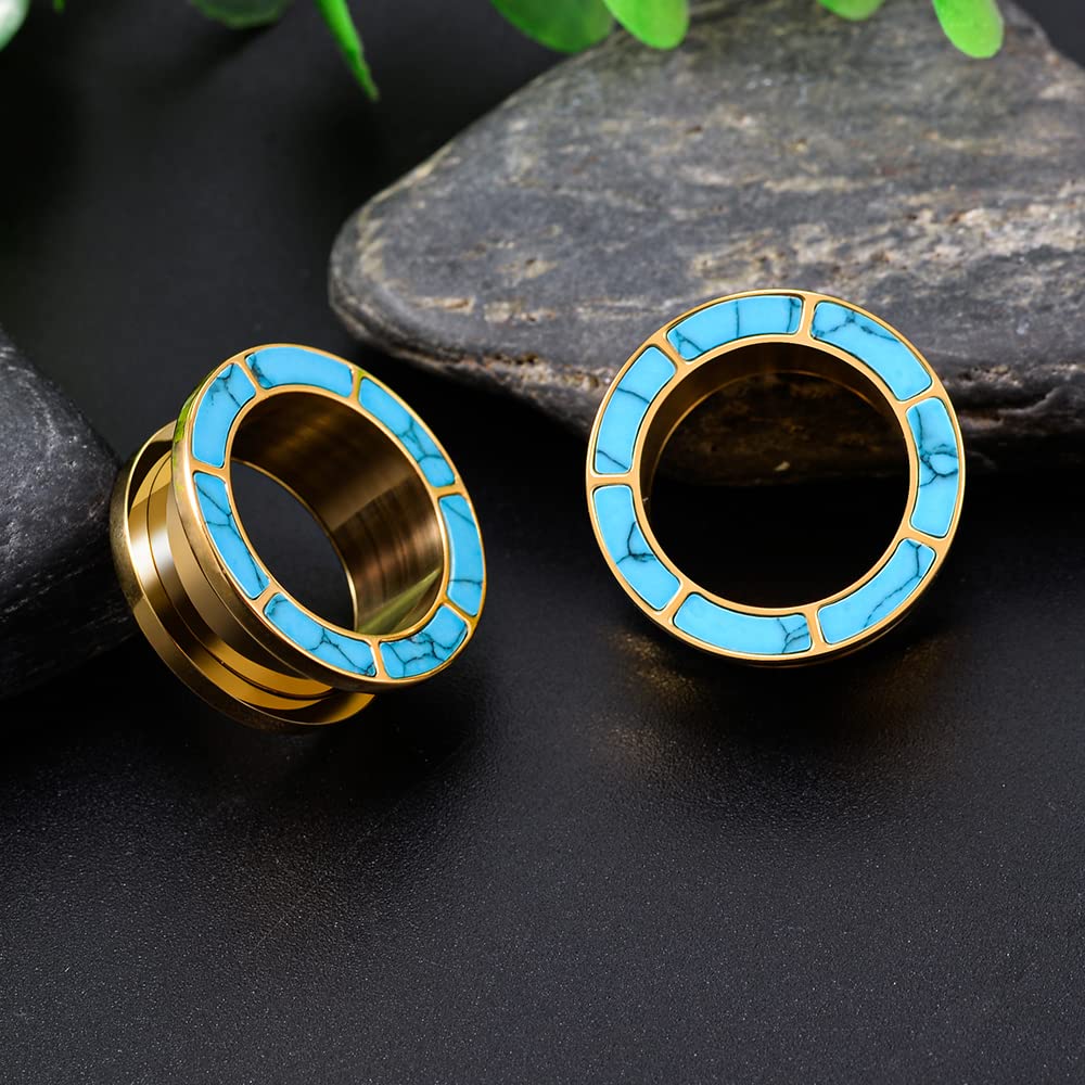 COOEAR Screw Back Ear Gauges Stainless Steel Tunnels Piercing Stone Mosaic Plugs Size 0g to 1".