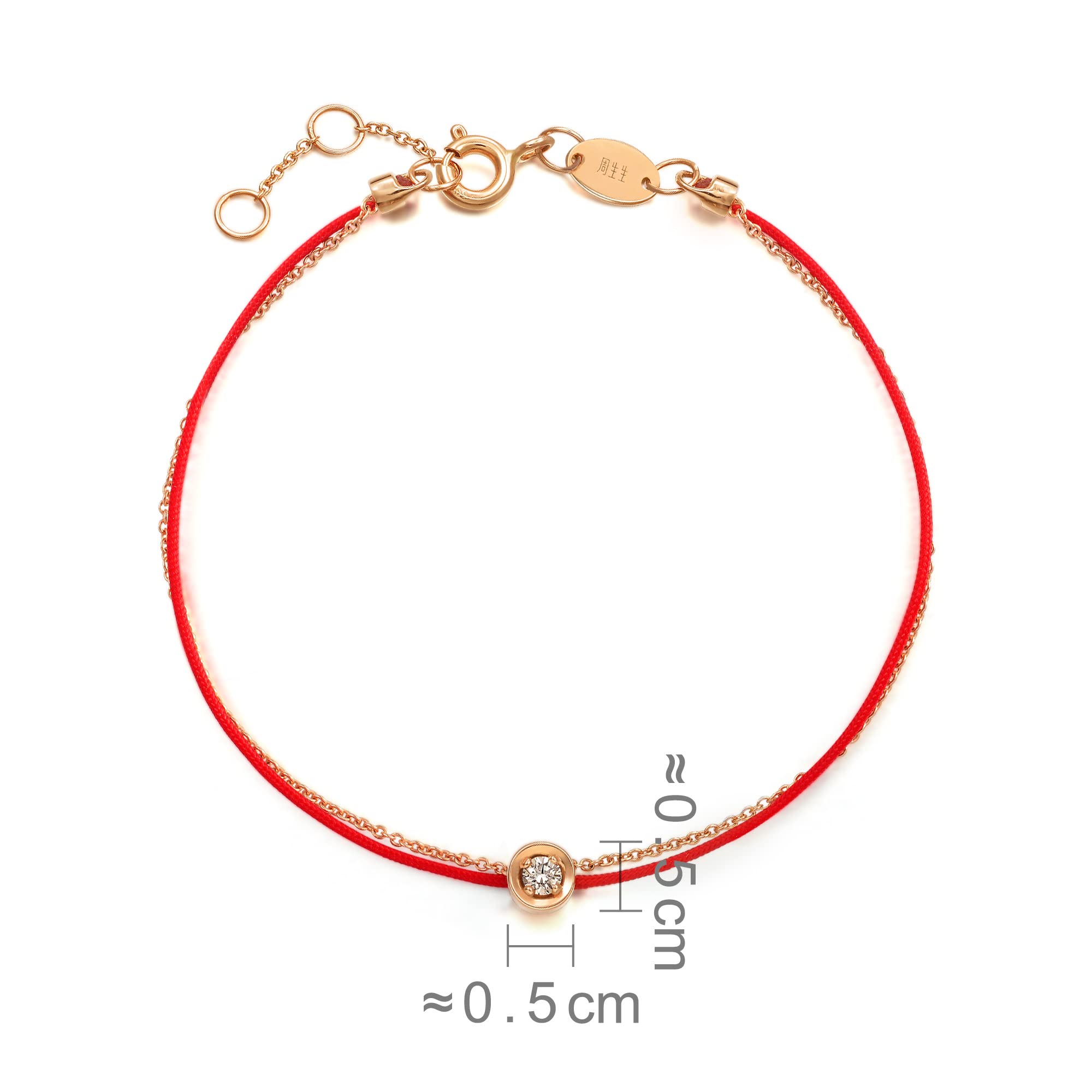 CHOW SANG SANG Promessa 18K Rose Gold (GH color, SI Clarity, Round Brilliant) Diamond Love Knot with Red thread Bracelet for Women 88380B | 7.4", (19 CM)