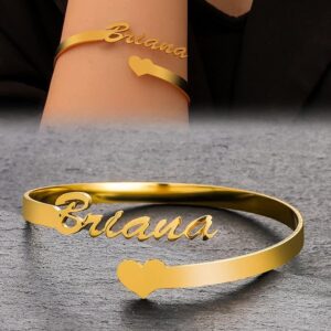 Jecivila Personalized Name Bracelets, 18K Gold Custom Engraved Name Cuff Bangle Bracelets for Women, Mom, Daughter, Personalized Jewelry Gifts for Her