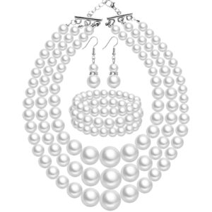 haysandy 1920s large big pearl necklace bracelet and earring wedding faux pearls jewelry set multi strand simulated pearl necklace chunky pearls costume jewelry for women girls bride gift (white)