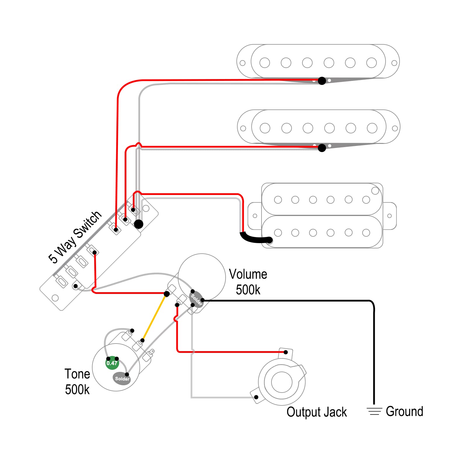 MAXCHEER 3 Pickups Wiring Harness Prewired/5-Way Switch/Jack 1T1V Big 500k Pots/with 6.35 Output/Black Knobs for Electric Guitar(5 Way Switch)