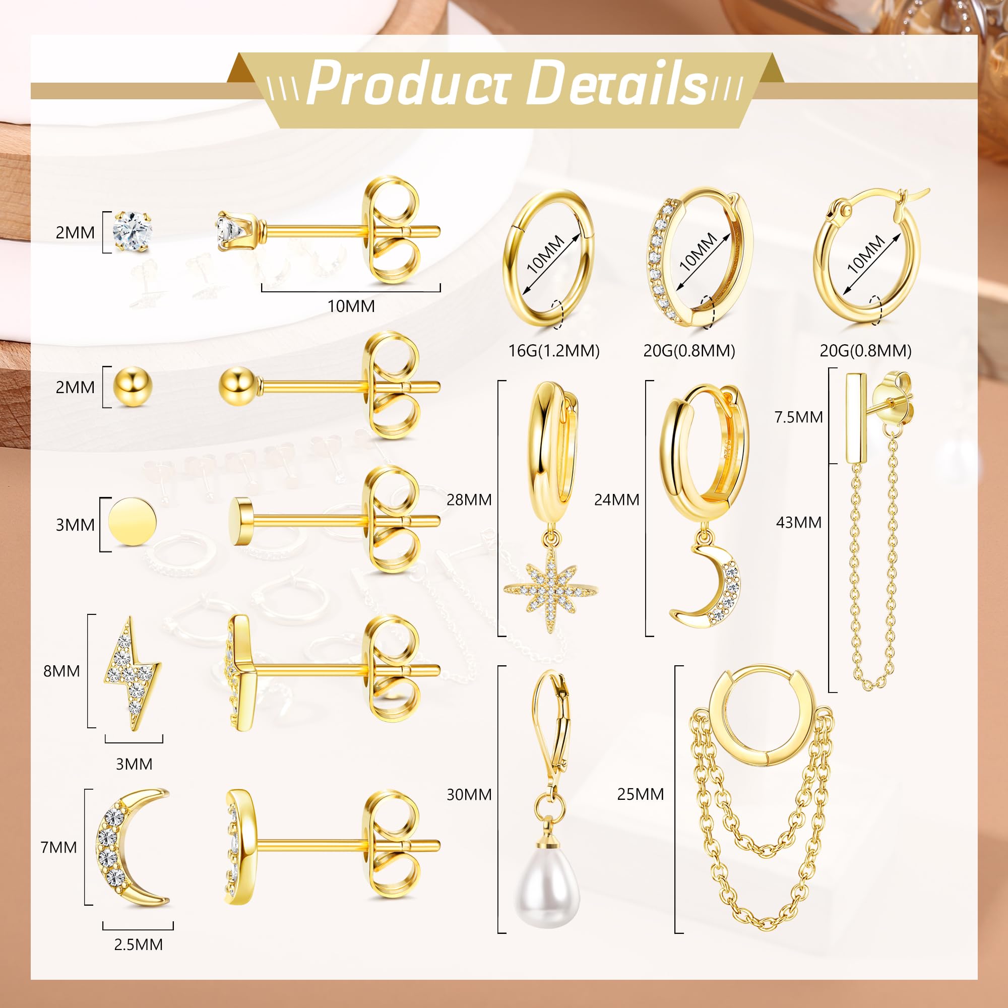 FASACCO 18K Gold Plated Chain Earrings Set: 12Pcs Stainless Steel Hoop, Stud, Pearl, Moon & Star Dangle Earrings for Multiple Piercings