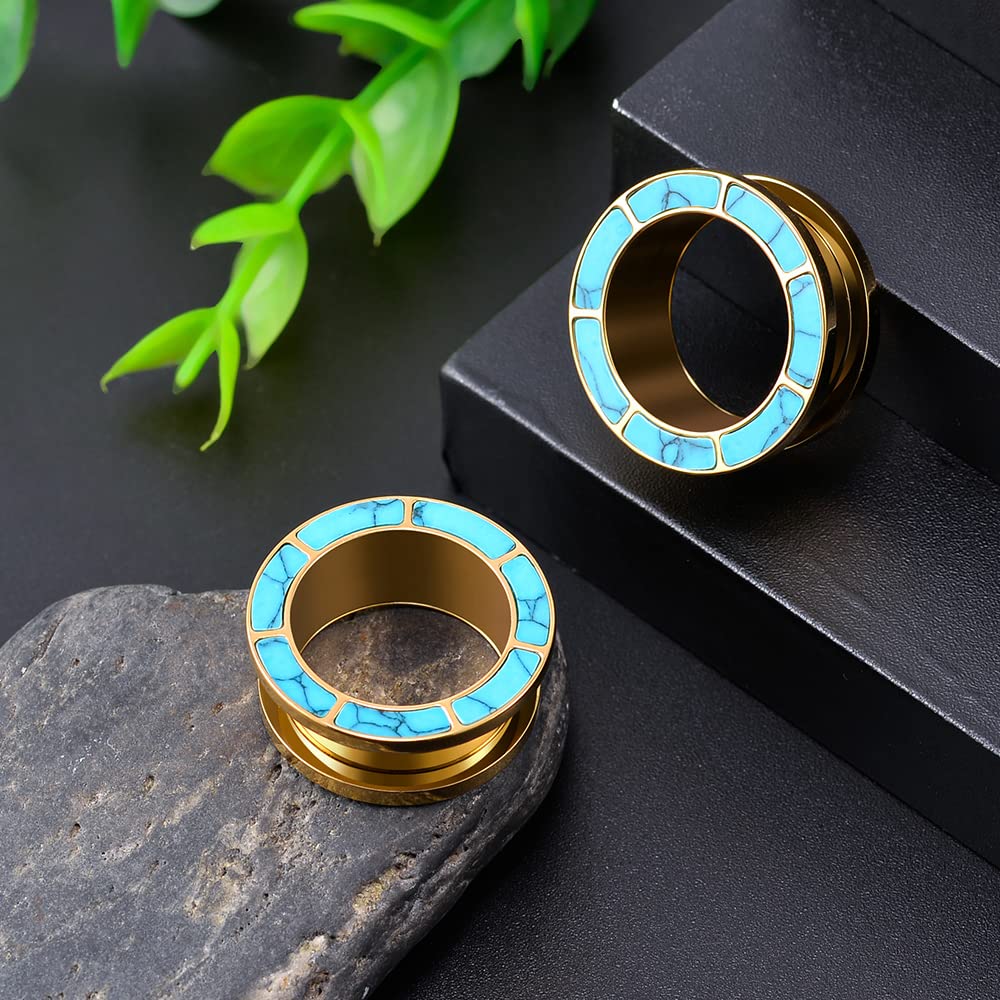 COOEAR Screw Back Ear Gauges Stainless Steel Tunnels Piercing Stone Mosaic Plugs Size 0g to 1".